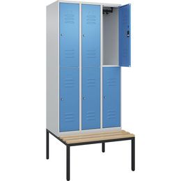 C+P Doppelstock-Spind Classic PLUS Sitzbank, 3 Abteile, lichtgrau / lichtblau, B 900 mm, Zylinderschloss, untergebaut, Buche-Hartholz