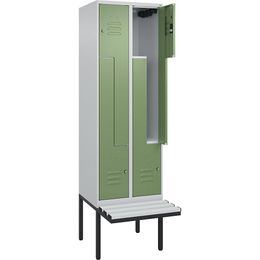 C+P Z-Spind Classic PLUS Sitzbank, 2 Abteile, lichtgrau / resedagrün, B 600 mm, Zylinderschloss, auskragend, Kunststoff