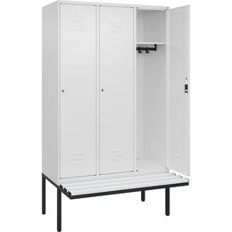 C+P Spind Classic PLUS Sitzbank, 3 Abteile, verkehrsweiß, B 1200 mm, Zylinderschloss, auskragend, Kunststoff