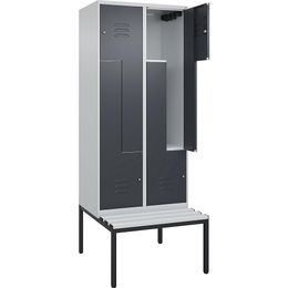 C+P Z-Spind Classic PLUS Sitzbank, 2 Abteile, lichtgrau / grau, B 800 mm, Zylinderschloss, untergebaut, Kunststoff