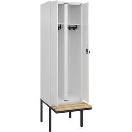 C+P Schwarz-Weiß-Spind Classic PLUS Sitzbank, 1 Abteil, verkehrsweiß, B 600 mm, Sicherheits-Drehriegel, auskragend, Buche-Hartholz
