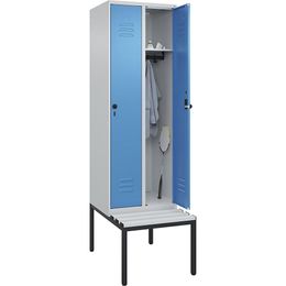 C+P Spind Classic PLUS Sitzbank, 2 Abteile, lichtgrau / lichtblau, B 600 mm, Sicherheits-Drehriegel, untergebaut, Kunststoff