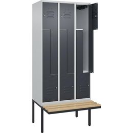 C+P Z-Spind Classic PLUS Sitzbank, 3 Abteile, lichtgrau / grau, B 900 mm, Zylinderschloss, auskragend, Buche-Hartholz
