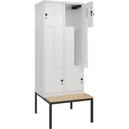 C+P Z-Spind Classic PLUS Sitzbank, 2 Abteile, verkehrsweiß, B 800 mm, Sicherheits-Drehriegel, untergebaut, Buche-Hartholz