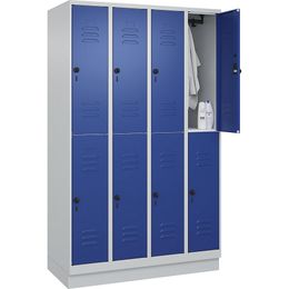 C+P Doppelstock-Spind Classic PLUS, 4 Abteile, lichtgrau / enzianblau, HxB 1950 x 1200 mm, mit Bodensockel, Drehriegel