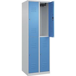 C+P Doppelstock-Spind Classic PLUS, 2 Abteile, lichtgrau / lichtblau, HxB 1850 x 600 mm, mit Bodengleitern, Zylinderschloss