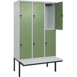C+P Doppelstock-Spind Classic PLUS Sitzbank, 3 Abteile, lichtgrau / resedagrün, B 1200 mm, Sicherheits-Drehriegel, auskragend, Kunststoff