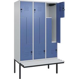 C+P Z-Spind Classic PLUS Sitzbank, 3 Abteile, lichtgrau / fernblau, B 1200 mm, Sicherheits-Drehriegel, auskragend, Kunststoff