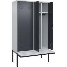 C+P Schwarz-Weiß-Spind Classic PLUS Sitzbank, 2 Abteile, lichtgrau / grau, B 1200 mm, Zylinderschloss, auskragend, Kunststoff