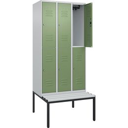 C+P Doppelstock-Spind Classic PLUS Sitzbank, 3 Abteile, lichtgrau / resedagrün, B 900 mm, Zylinderschloss, untergebaut, Kunststoff