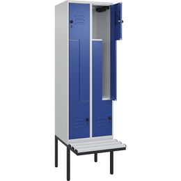 C+P Z-Spind Classic PLUS Sitzbank, 2 Abteile, lichtgrau / enzianblau, B 600 mm, Sicherheits-Drehriegel, auskragend, Kunststoff