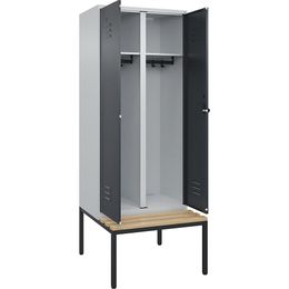 C+P Schwarz-Weiß-Spind Classic PLUS Sitzbank, 1 Abteil, lichtgrau / grau, B 800 mm, Sicherheits-Drehriegel, untergebaut, Buche-Hartholz