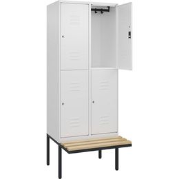 C+P Doppelstock-Spind Classic PLUS Sitzbank, 2 Abteile, verkehrsweiß, B 800 mm, Zylinderschloss, auskragend, Buche-Hartholz