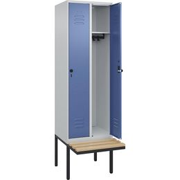 C+P Spind Classic PLUS Sitzbank, 2 Abteile, lichtgrau / fernblau, B 600 mm, Sicherheits-Drehriegel, auskragend, Buche-Hartholz