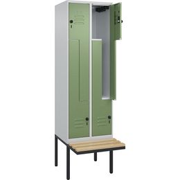 C+P Z-Spind Classic PLUS Sitzbank, 2 Abteile, lichtgrau / resedagrün, B 600 mm, Sicherheits-Drehriegel, auskragend, Buche-Hartholz