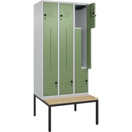 C+P Z-Spind Classic PLUS Sitzbank, 3 Abteile, lichtgrau / resedagrün, B 900 mm, Sicherheits-Drehriegel, untergebaut, Buche-Hartholz