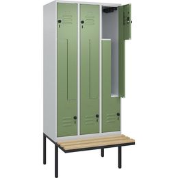 C+P Z-Spind Classic PLUS Sitzbank, 3 Abteile, lichtgrau / resedagrün, B 900 mm, Sicherheits-Drehriegel, auskragend, Buche-Hartholz