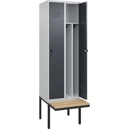 C+P Schwarz-Weiß-Spind Classic PLUS Sitzbank, schmal, 2 Abteile, Trennwand verkürzt, lichtgrau / grau, B 600 mm, Sicherheits-Drehriegel, auskragend, Buche-Hartholz