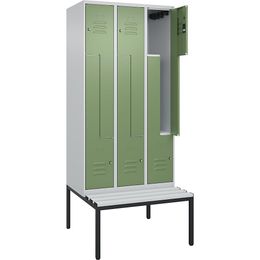 C+P Z-Spind Classic PLUS Sitzbank, 3 Abteile, lichtgrau / resedagrün, B 900 mm, Zylinderschloss, untergebaut, Kunststoff
