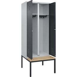 C+P Schwarz-Weiß-Spind Classic PLUS Sitzbank, 1 Abteil, lichtgrau / grau, B 800 mm, Zylinderschloss, untergebaut, Buche-Hartholz