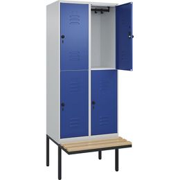 C+P Doppelstock-Spind Classic PLUS Sitzbank, 2 Abteile, lichtgrau / enzianblau, B 800 mm, Sicherheits-Drehriegel, auskragend, Buche-Hartholz