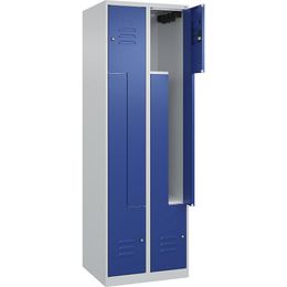 C+P Z-Spind Classic PLUS, 2 Abteile, lichtgrau / enzianblau, B 600 mm, mit Bodengleitern, Zylinderschloss