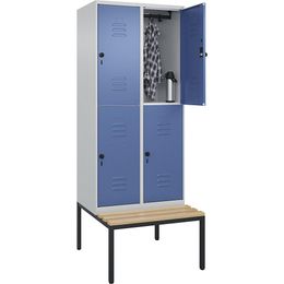 C+P Doppelstock-Spind Classic PLUS Sitzbank, 2 Abteile, lichtgrau / fernblau, B 800 mm, Sicherheits-Drehriegel, untergebaut, Buche-Hartholz