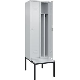 C+P Schwarz-Weiß-Spind Classic PLUS Sitzbank, schmal, 2 Abteile, Trennwand verkürzt, lichtgrau, B 600 mm, Zylinderschloss, untergebaut, Kunststoff