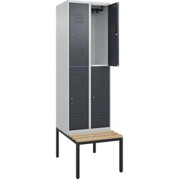 C+P Doppelstock-Spind Classic PLUS Sitzbank, 2 Abteile, lichtgrau / grau, B 600 mm, Zylinderschloss, untergebaut, Buche-Hartholz