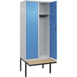 C+P Spind Classic PLUS Sitzbank, 2 Abteile, lichtgrau / lichtblau, B 800 mm, Zylinderschloss, auskragend, Buche-Hartholz