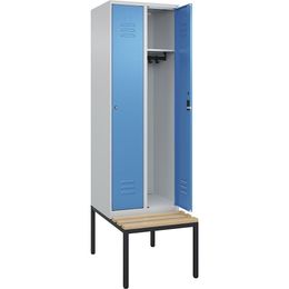 C+P Spind Classic PLUS Sitzbank, 2 Abteile, lichtgrau / lichtblau, B 600 mm, Zylinderschloss, untergebaut, Buche-Hartholz