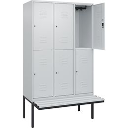 C+P Doppelstock-Spind Classic PLUS Sitzbank, 3 Abteile, lichtgrau, B 1200 mm, Zylinderschloss, auskragend, Kunststoff