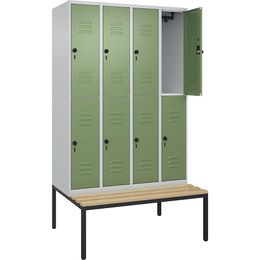 C+P Doppelstock-Spind Classic PLUS Sitzbank, 4 Abteile, lichtgrau / resedagrün, B 1200 mm, Sicherheits-Drehriegel, untergebaut, Buche-Hartholz