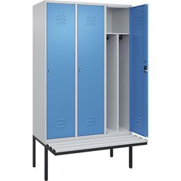 C+P Schwarz-Weiß-Spind Classic PLUS Sitzbank, schmal, 3 Abteile, Trennwand verkürzt, lichtgrau / lichtblau, B 1200 mm, Zylinderschloss, auskragend, Kunststoff