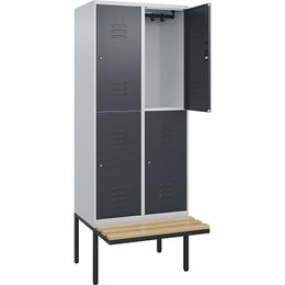 C+P Doppelstock-Spind Classic PLUS Sitzbank, 2 Abteile, lichtgrau / grau, B 800 mm, Zylinderschloss, auskragend, Buche-Hartholz