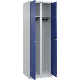 C+P Schwarz-Weiß-Spind Classic PLUS, 1 Abteil, lichtgrau / enzianblau, HxB 1850 x 600 mm, mit Bodengleitern, Zylinderschloss