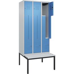 C+P Z-Spind Classic PLUS Sitzbank, 3 Abteile, lichtgrau / lichtblau, B 900 mm, Zylinderschloss, untergebaut, Kunststoff