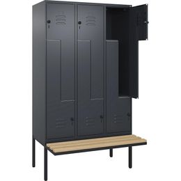 C+P Z-Spind Classic PLUS Sitzbank, 3 Abteile, grau, B 1200 mm, Sicherheits-Drehriegel, auskragend, Buche-Hartholz