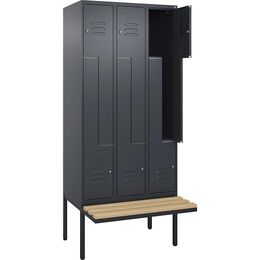 C+P Z-Spind Classic PLUS Sitzbank, 3 Abteile, grau, B 900 mm, Zylinderschloss, auskragend, Buche-Hartholz