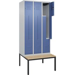 C+P Z-Spind Classic PLUS Sitzbank, 3 Abteile, lichtgrau / fernblau, B 900 mm, Zylinderschloss, untergebaut, Buche-Hartholz