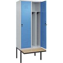 C+P Schwarz-Weiß-Spind Classic PLUS Sitzbank, schmal, 2 Abteile, Trennwand verkürzt, lichtgrau / lichtblau, B 800 mm, Sicherheits-Drehriegel, auskragend, Buche-Hartholz