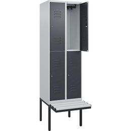 C+P Doppelstock-Spind Classic PLUS Sitzbank, 2 Abteile, lichtgrau / grau, B 600 mm, Zylinderschloss, auskragend, Kunststoff