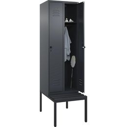 C+P Spind Classic PLUS Sitzbank, 2 Abteile, grau, B 600 mm, Sicherheits-Drehriegel, untergebaut, Kunststoff