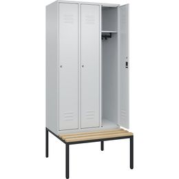 C+P Spind Classic PLUS Sitzbank, 3 Abteile, lichtgrau, B 900 mm, Zylinderschloss, untergebaut, Buche-Hartholz
