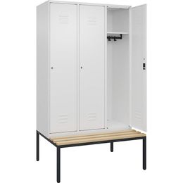 C+P Spind Classic PLUS Sitzbank, 3 Abteile, verkehrsweiß, B 1200 mm, Zylinderschloss, untergebaut, Buche-Hartholz