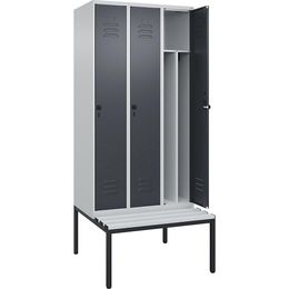 C+P Schwarz-Weiß-Spind Classic PLUS Sitzbank, schmal, 3 Abteile, Trennwand verkürzt, lichtgrau / grau, B 900 mm, Sicherheits-Drehriegel, untergebaut, Kunststoff
