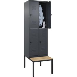 C+P Doppelstock-Spind Classic PLUS Sitzbank, 2 Abteile, grau, B 600 mm, Sicherheits-Drehriegel, untergebaut, Buche-Hartholz
