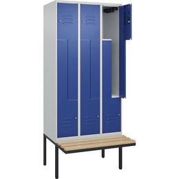 C+P Z-Spind Classic PLUS Sitzbank, 3 Abteile, lichtgrau / enzianblau, B 900 mm, Zylinderschloss, auskragend, Buche-Hartholz