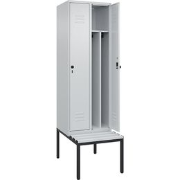C+P Schwarz-Weiß-Spind Classic PLUS Sitzbank, schmal, 2 Abteile, Trennwand verkürzt, lichtgrau, B 600 mm, Sicherheits-Drehriegel, untergebaut, Kunststoff