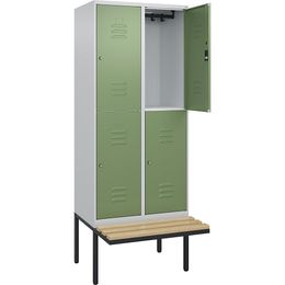 C+P Doppelstock-Spind Classic PLUS Sitzbank, 2 Abteile, lichtgrau / resedagrün, B 800 mm, Zylinderschloss, auskragend, Buche-Hartholz